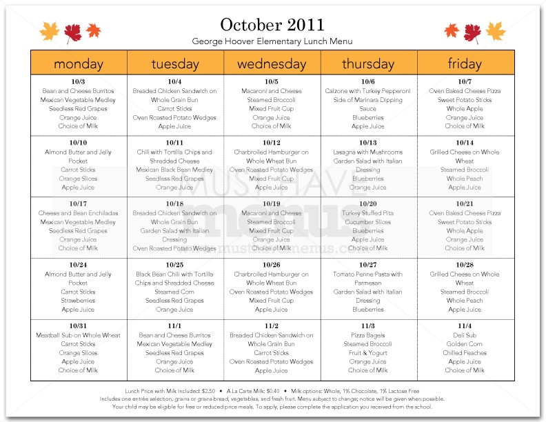 School Cafeteria Menu Page 1