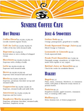 Sunrise Coffee House Menu | Coffee House Menus