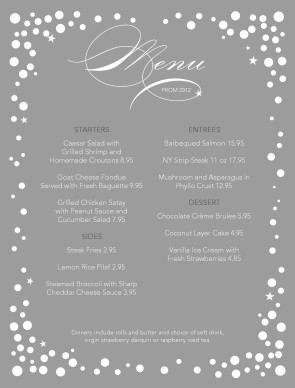 Prom Night Menu | Party Menu